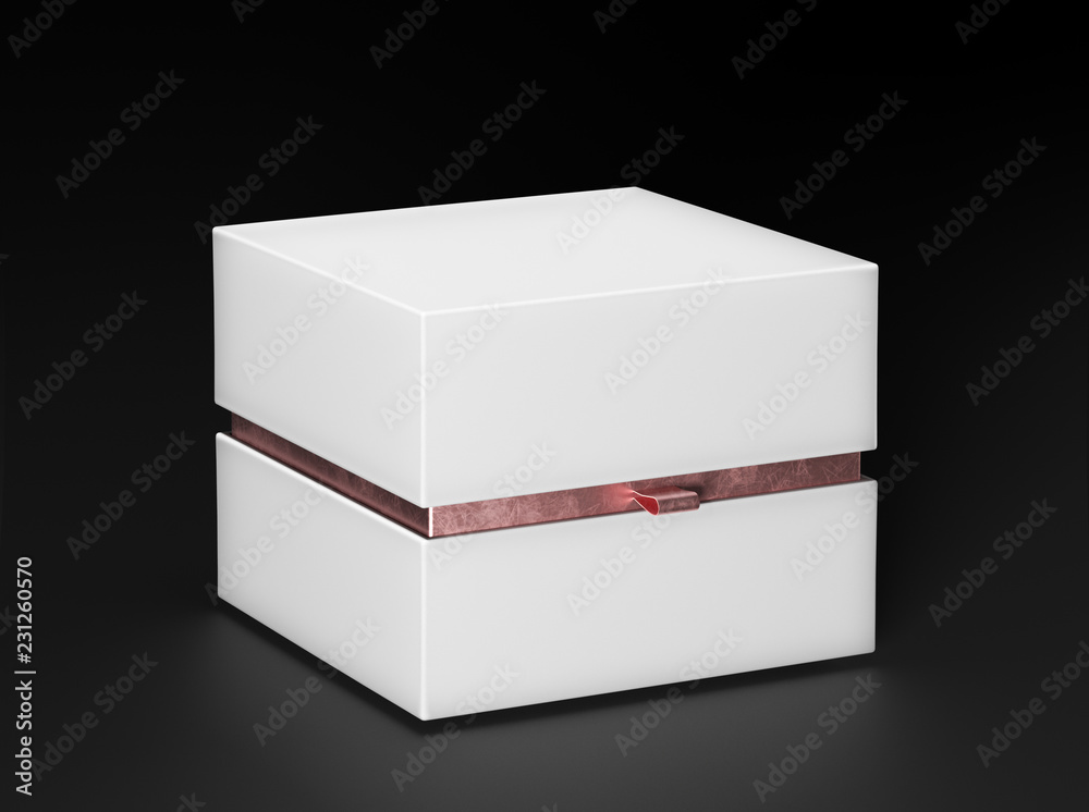 White Box. White square golden color box on black background. Packing ...