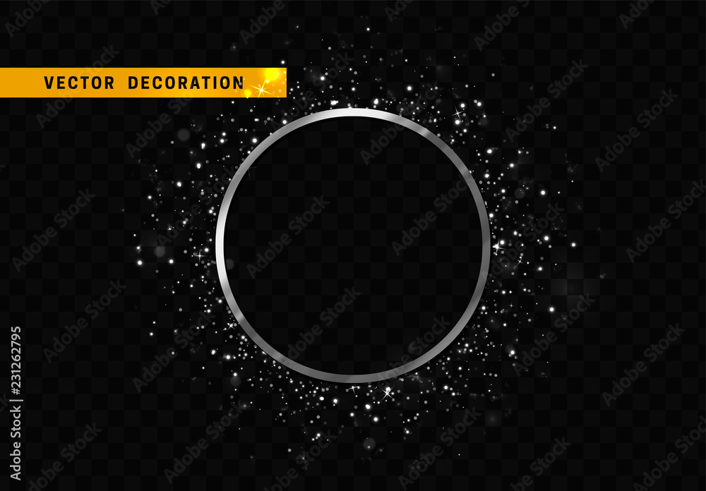 Silver round frame isolated on transparent background. Glitter border ...