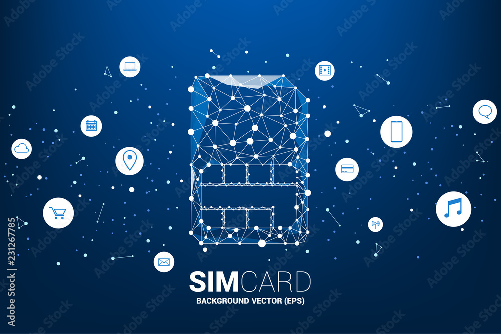 Vector Polygon dot connect line shaped sim card icon with functional ...