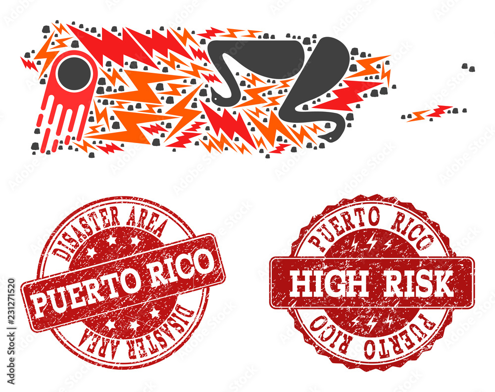 Disaster collage of mosaic map of Puerto Rico and rubber seals. Vector ...