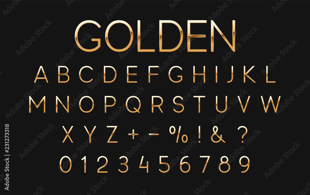 Gold font and alphabet. Golden letters and numbers on black background ...