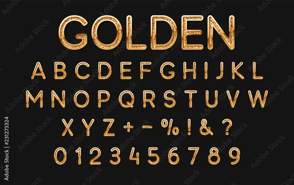 Gold font and alphabet. Golden letters and numbers on black background ...