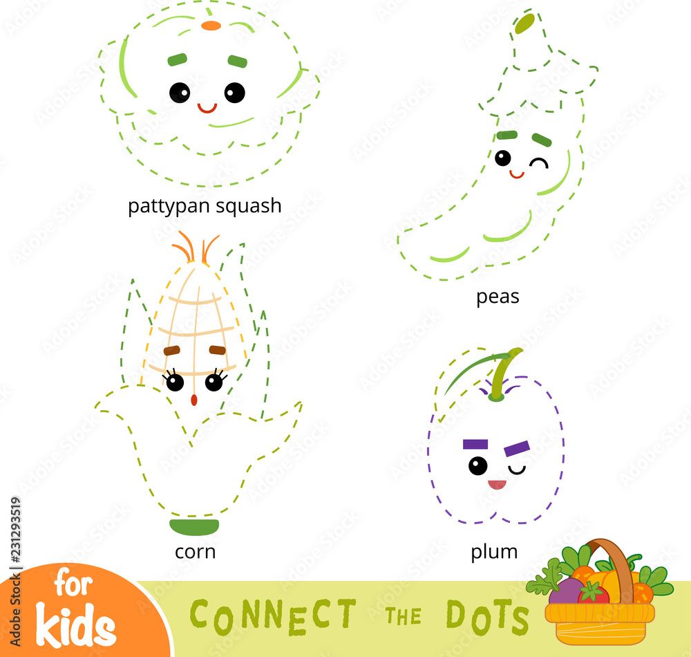 Connect the dots, game for children. Set of cartoon fruits and ...