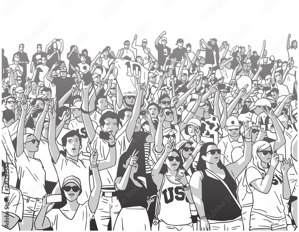 Stylized drawing of sports enthusiasts supporting their favorite team ...