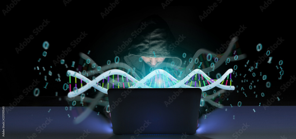 Hacker activating a 3d rendering data coded Dna with binary file around ...