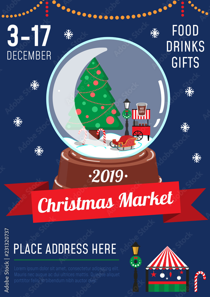 Christmas market poster design template. Cartoon greeting card for New ...