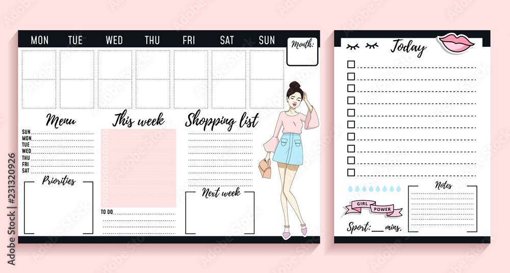Girl boss weekly and daily planner design with fashion elements and ...