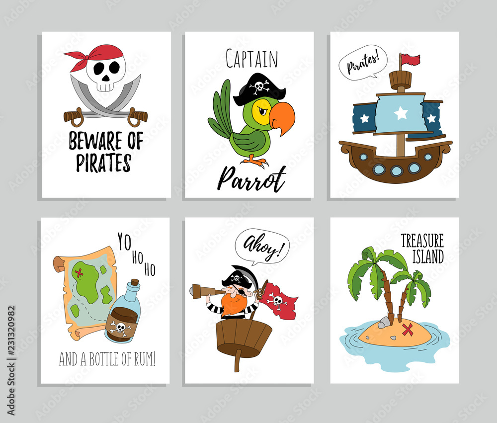 Pirate cartoon cards set. Big set of pirates supplies for party ...