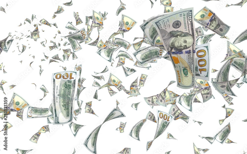 Flying dollars banknotes isolated on a white background. Money is ...