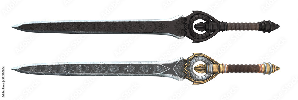 Fantasy longsword with large guard on an isolated white background. 3d ...