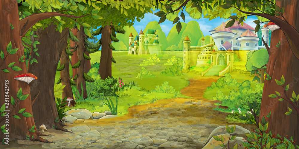 Cartoon nature scene with beautiful castle near the forest ...