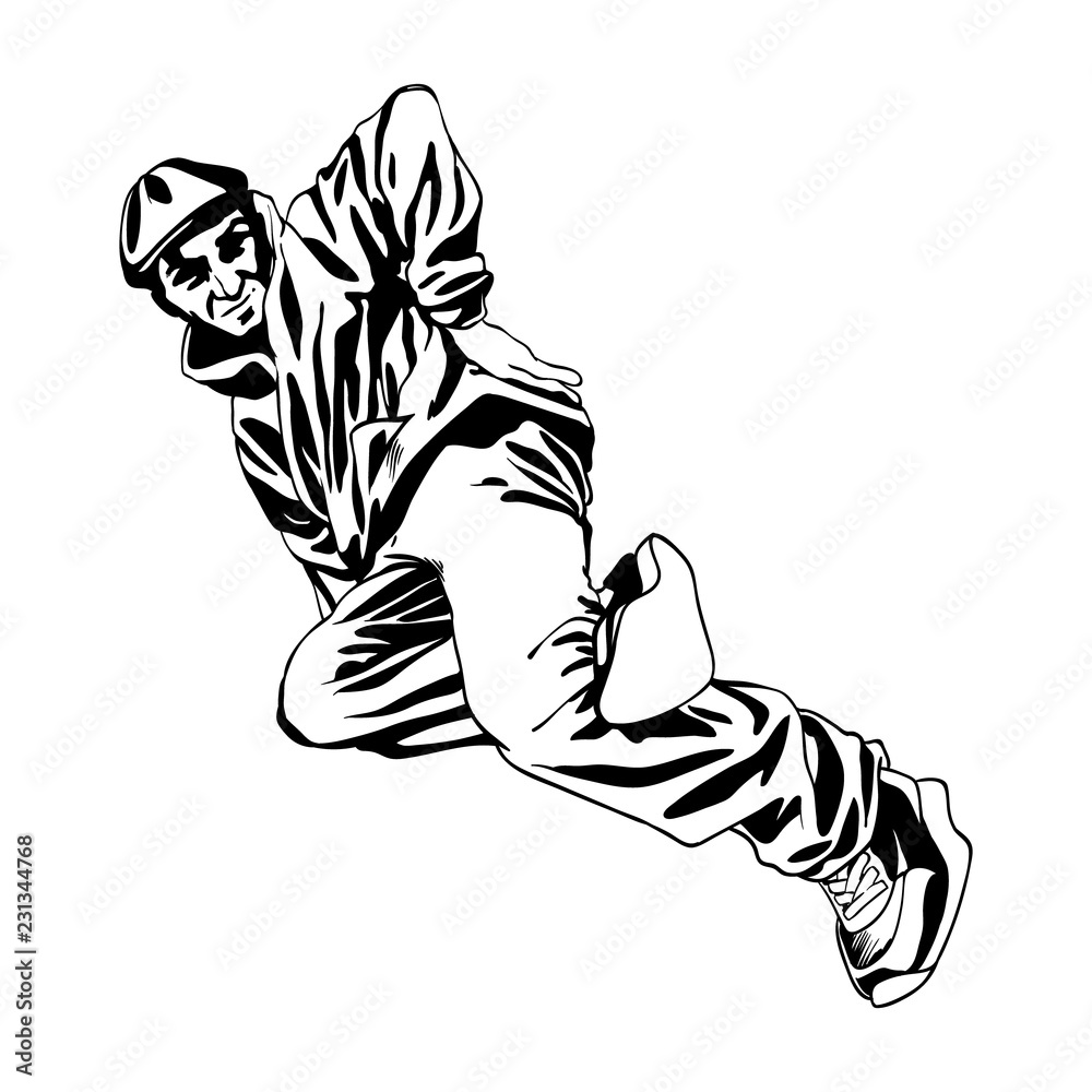 B-boy dancer character in dynamic pose. Hand drawn lineart vector ...