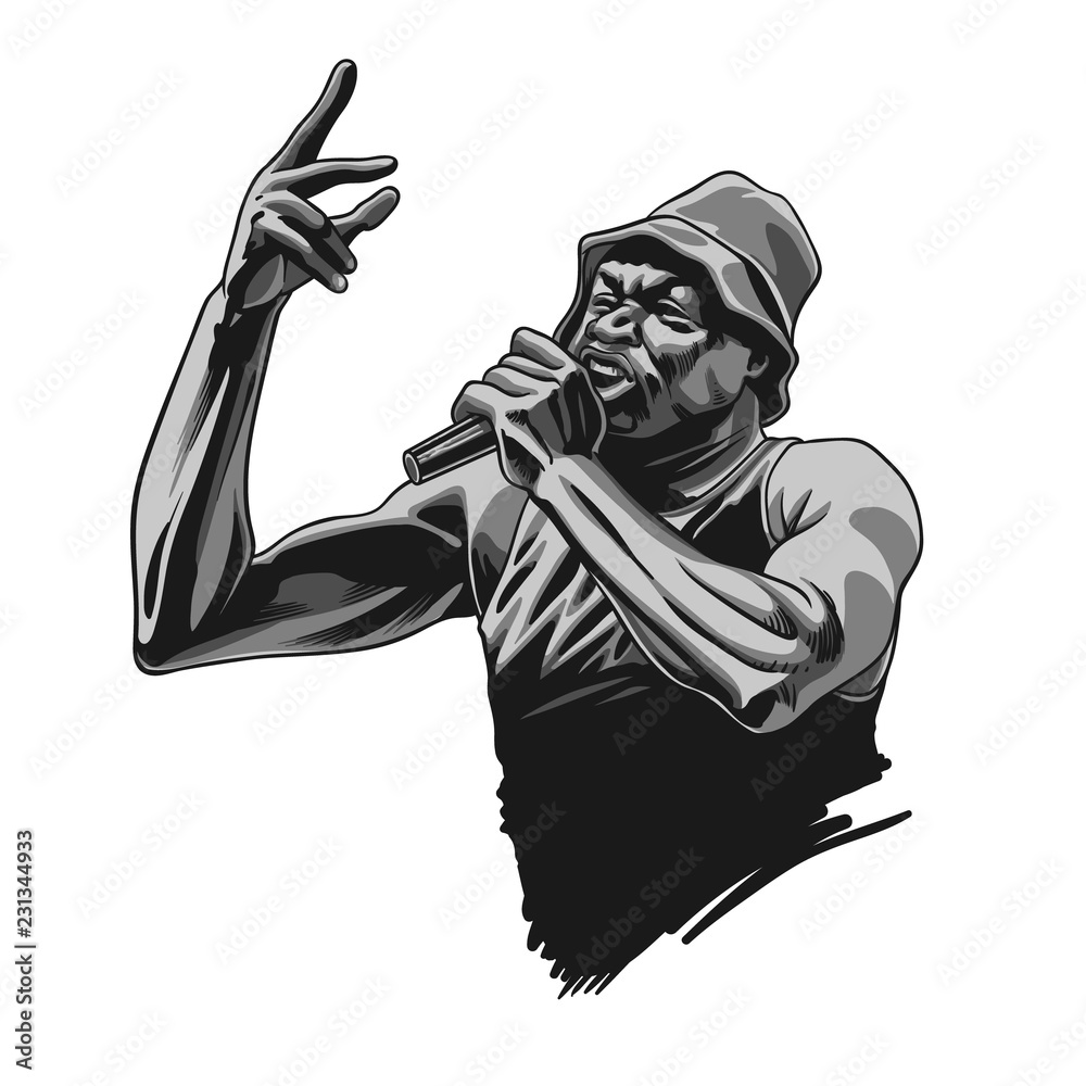 Rap singer. Rapper character with microphone in comic style. Vector ...