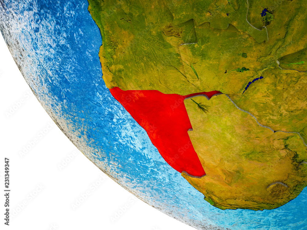 Namibia on model of Earth with country borders and blue oceans with ...