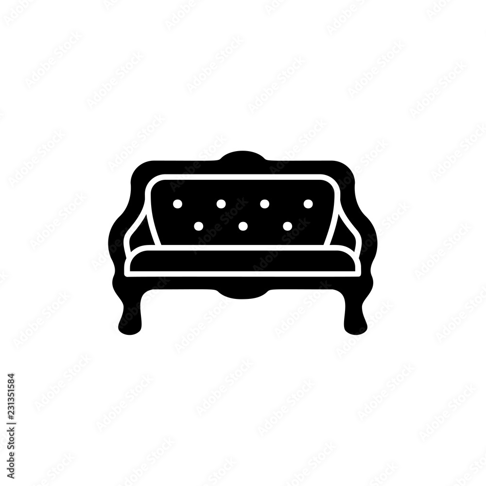 Black & white vector illustration of cushioned bench. Flat icon of ...
