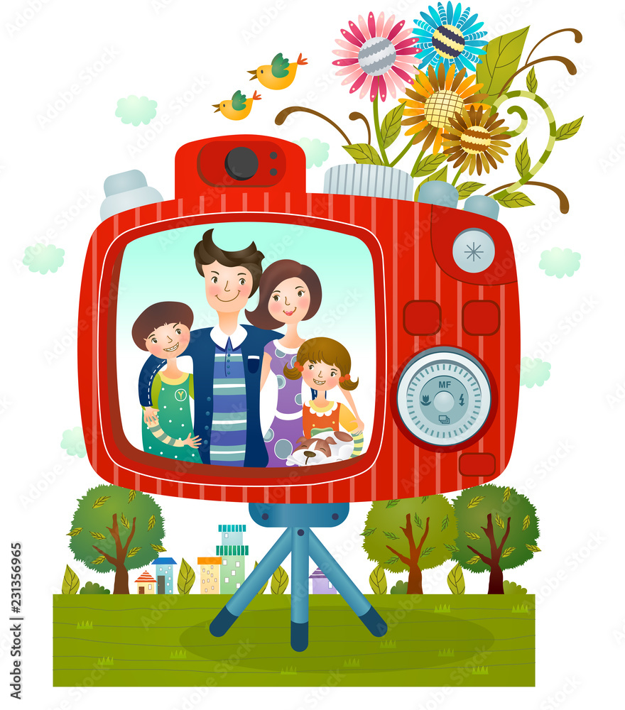 family Portrait with dog captured in Camera Stock Vector | Adobe Stock