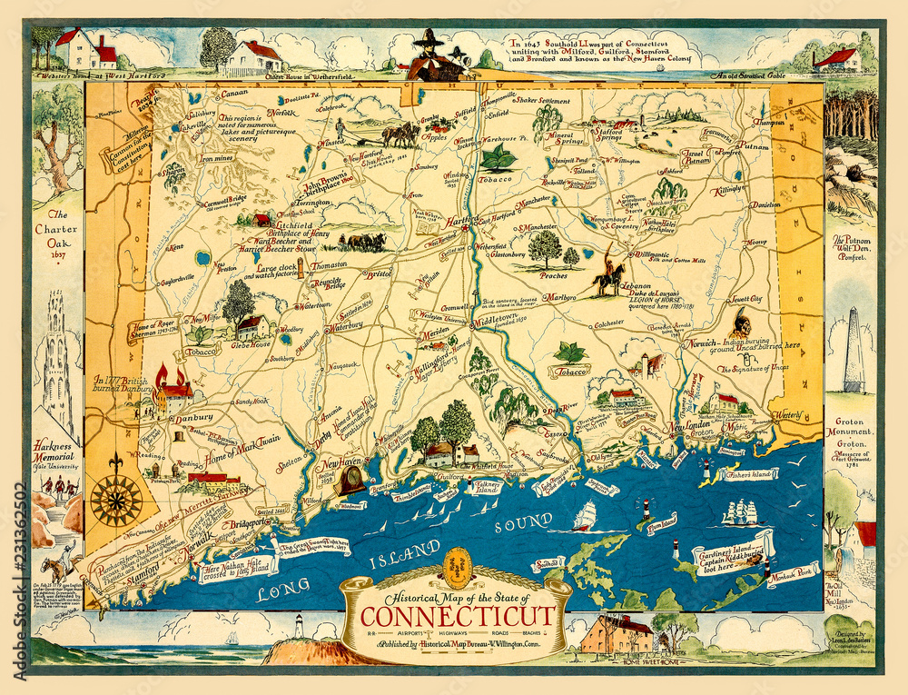 Restored reproduction of rare Connecticut pictographic map from the 1930s shows historical ...