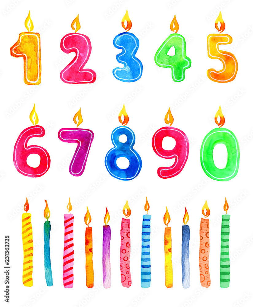 Set of stylized birthday candles. Hand drawn cartoon numbers ...