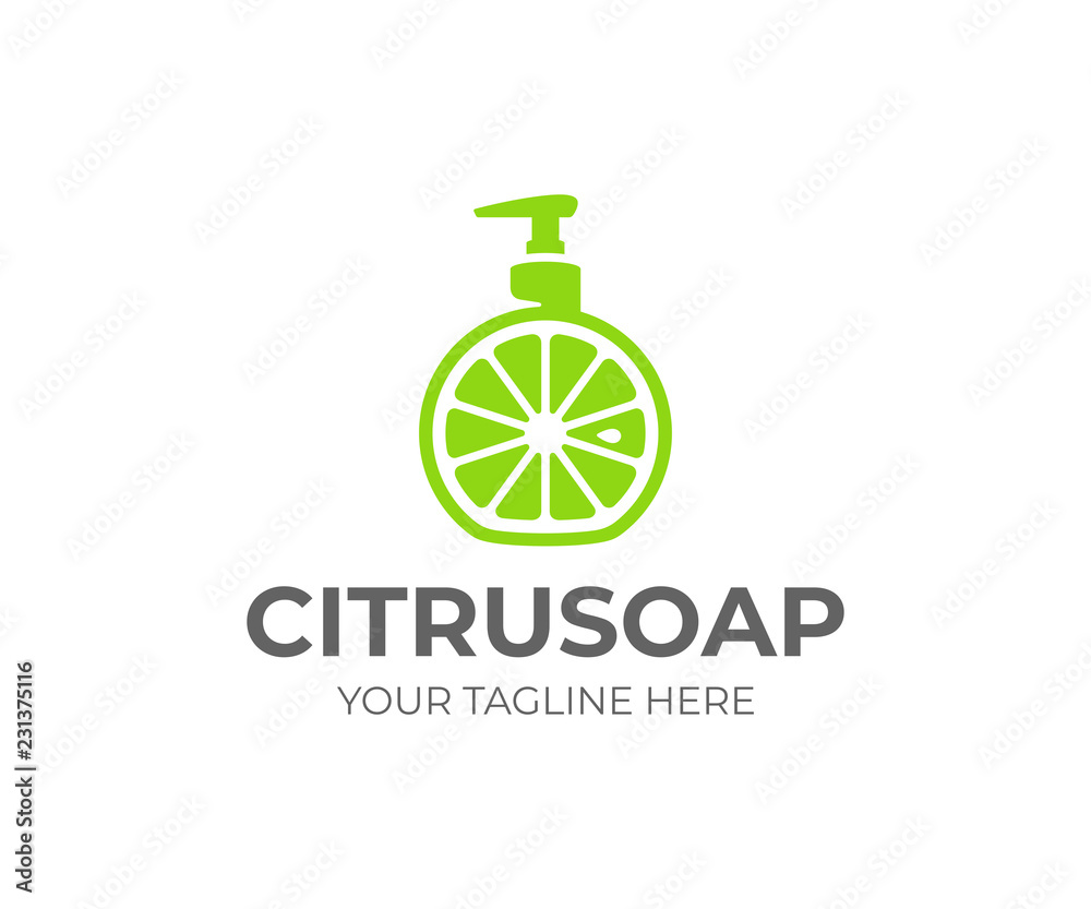 Liquid soap with citrus fruit logo design. Bottle of soap vector design ...