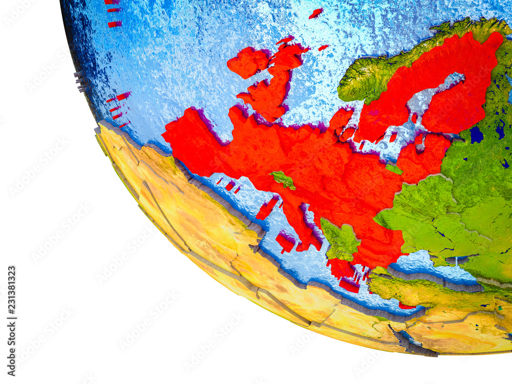 European Union on model of Earth with country borders and blue oceans ...