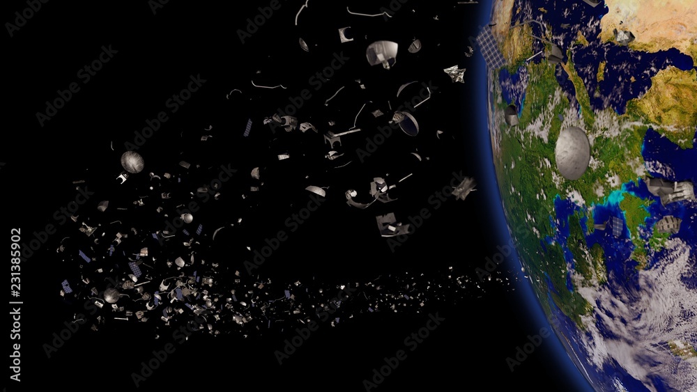 space junk in Earth orbit, dangerous debris orbiting around the blue ...