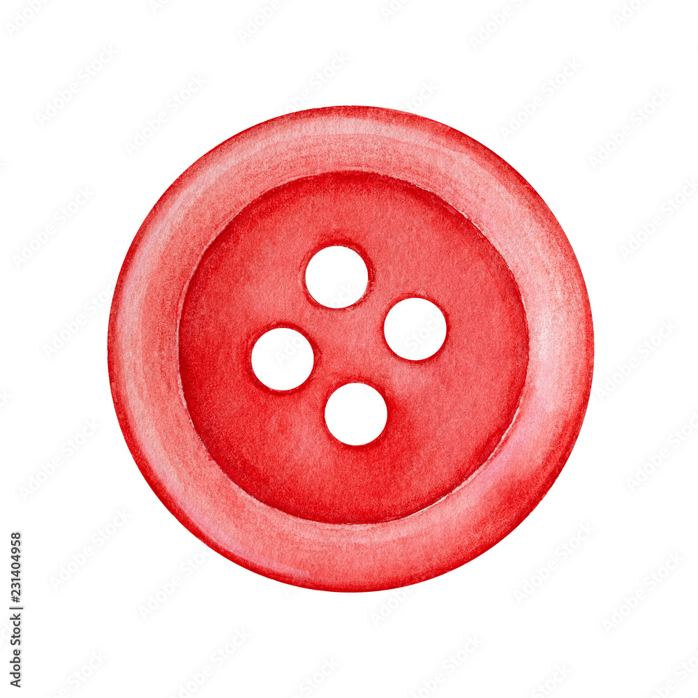 Bright red flat sew-through button with four holes. Classic sewing item ...