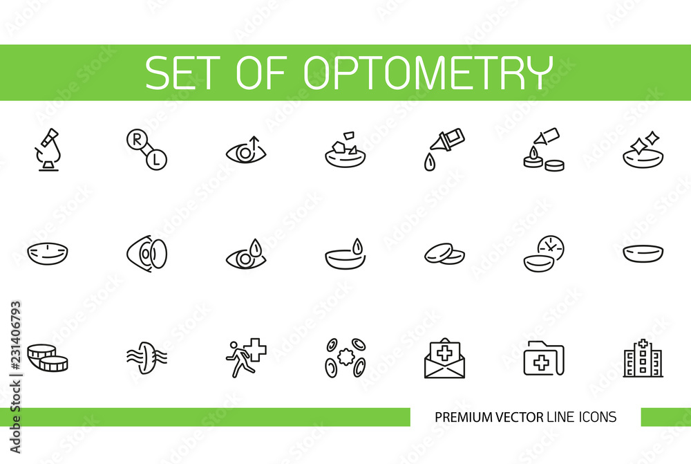 Set of Optometry Line Icons. Contact lens, eyesight, clinic. Diagnosis ...