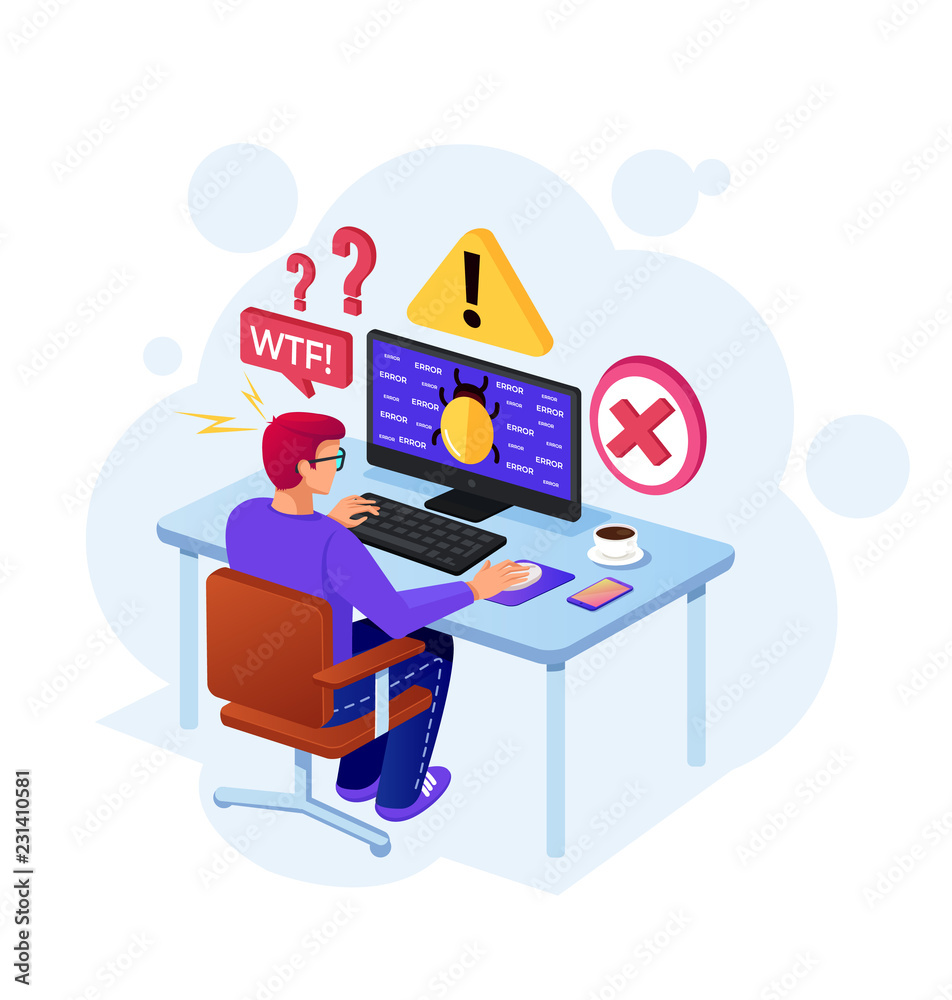 Vecteur Stock User man programmer character receive error message ...