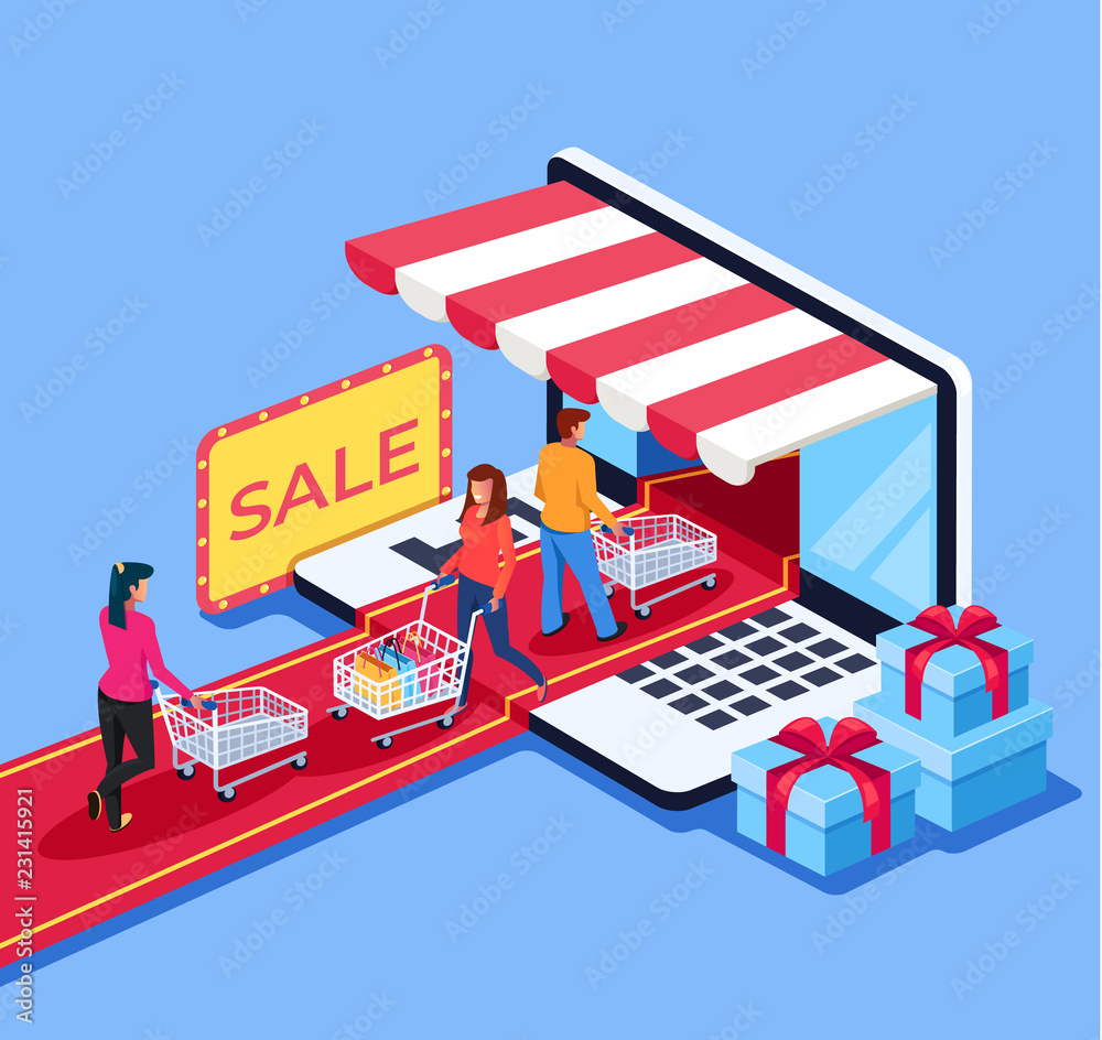 People consumers go in and out internet shop market. Online e commerce ...
