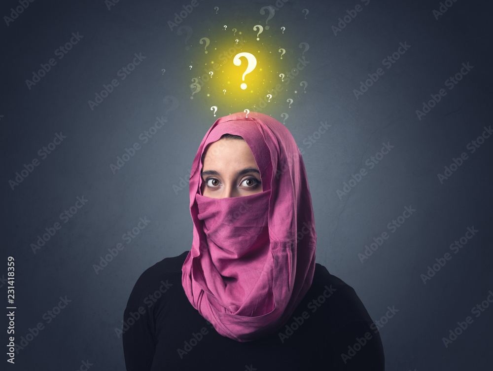 Young muslim woman wearing niqab with yellow question marks above her ...