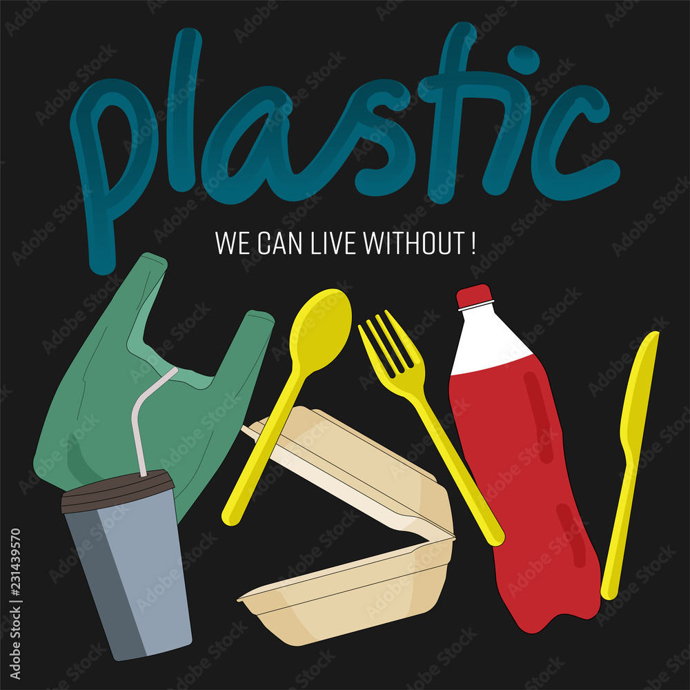 Typographic design with outline flat symbols of single-use plastic ...