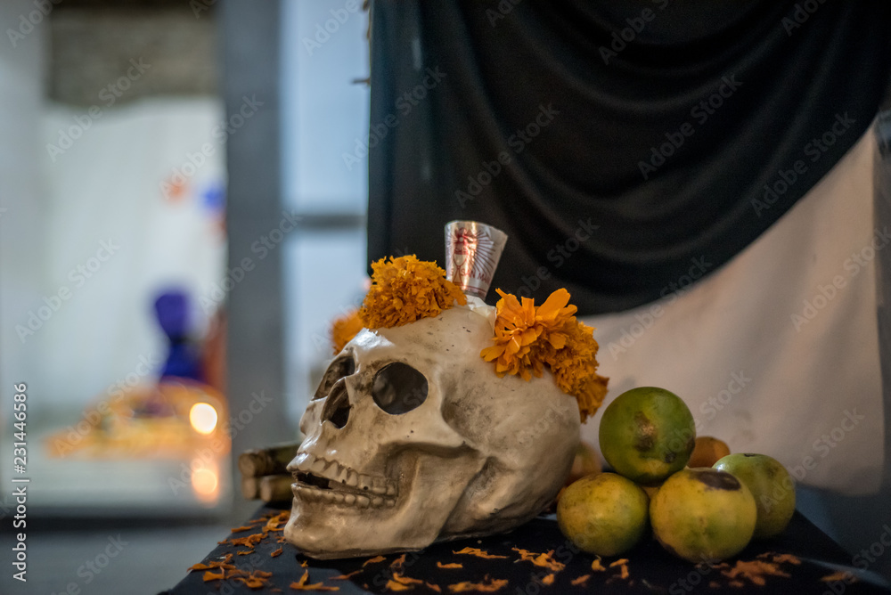 mexican altar, day of the dead, candles, papel picado, calaveras ...