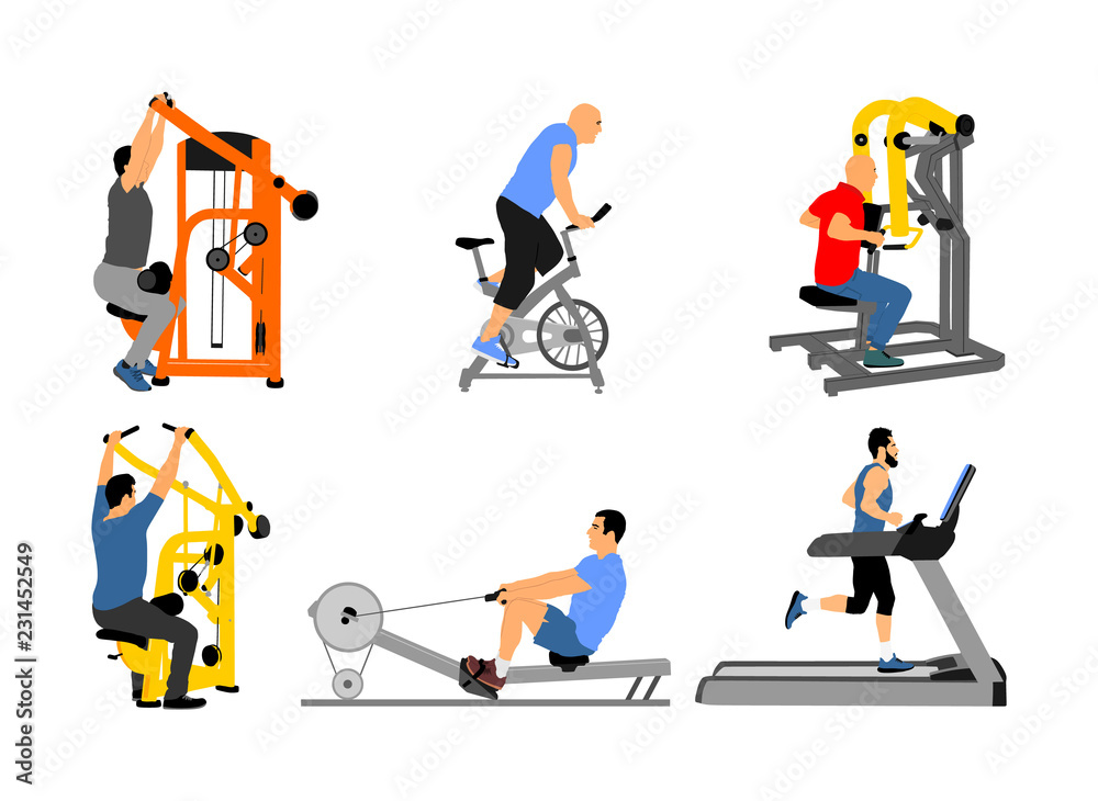 Sport man exercises on gym fitness machine vector. Pressure for chest ...
