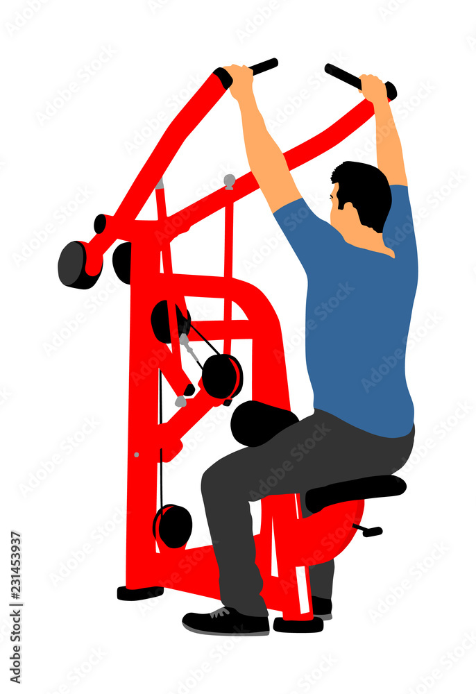 Sport man exercises in gym on fitness machine vector isolated on white ...