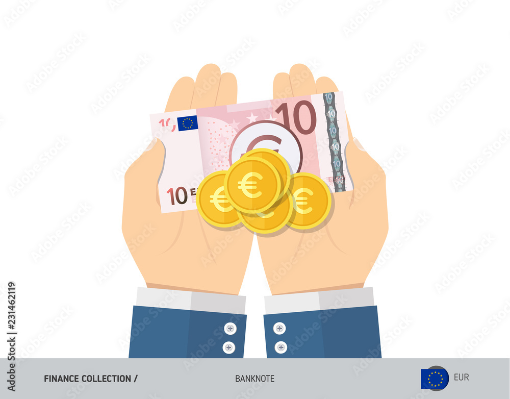 10 Euro Banknote and coins in the palm of hands. Flat style vector ...
