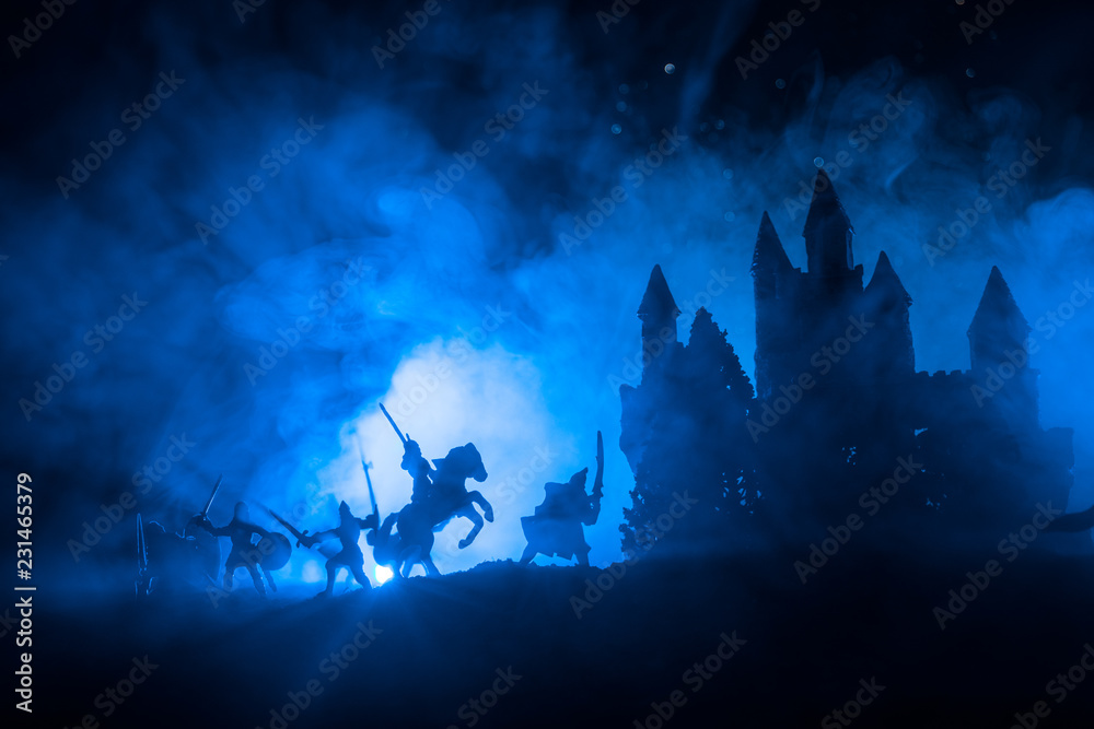 Medieval battle scene with cavalry and infantry. Silhouettes of figures ...