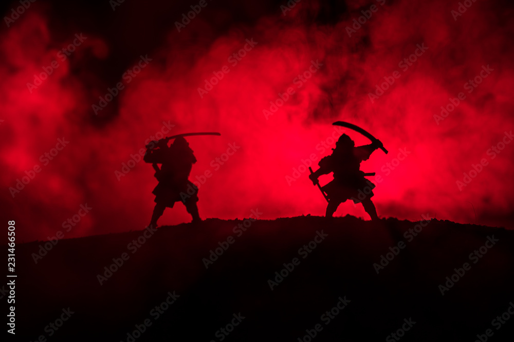 Silhouette of two samurais in duel. Picture with two samurais and ...