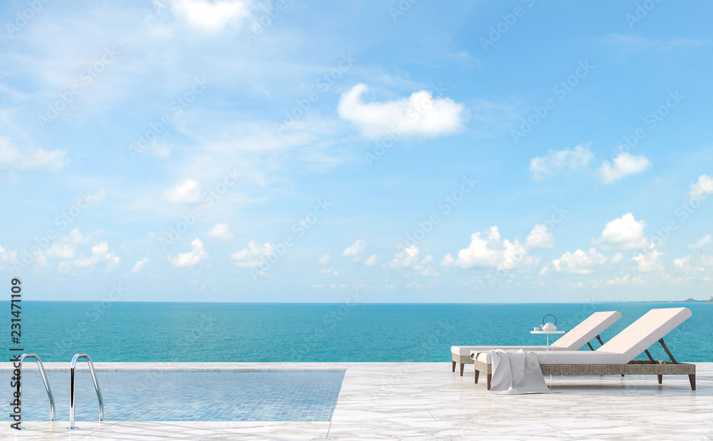 Luxury swimming pool terrace with sea view 3d render,There are white ...