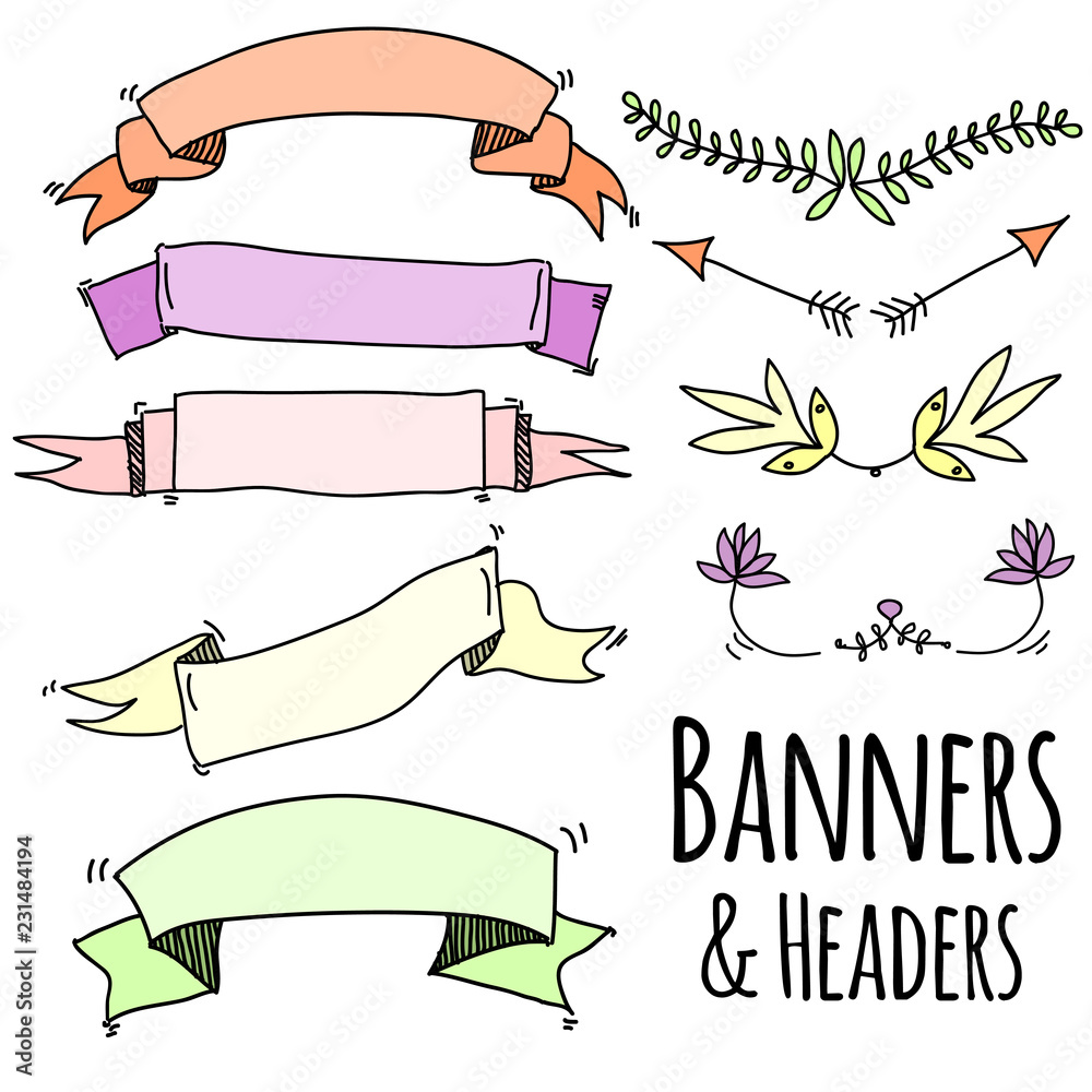 Hand drawn doodle banners and headers. Vector set Stock Vector | Adobe ...