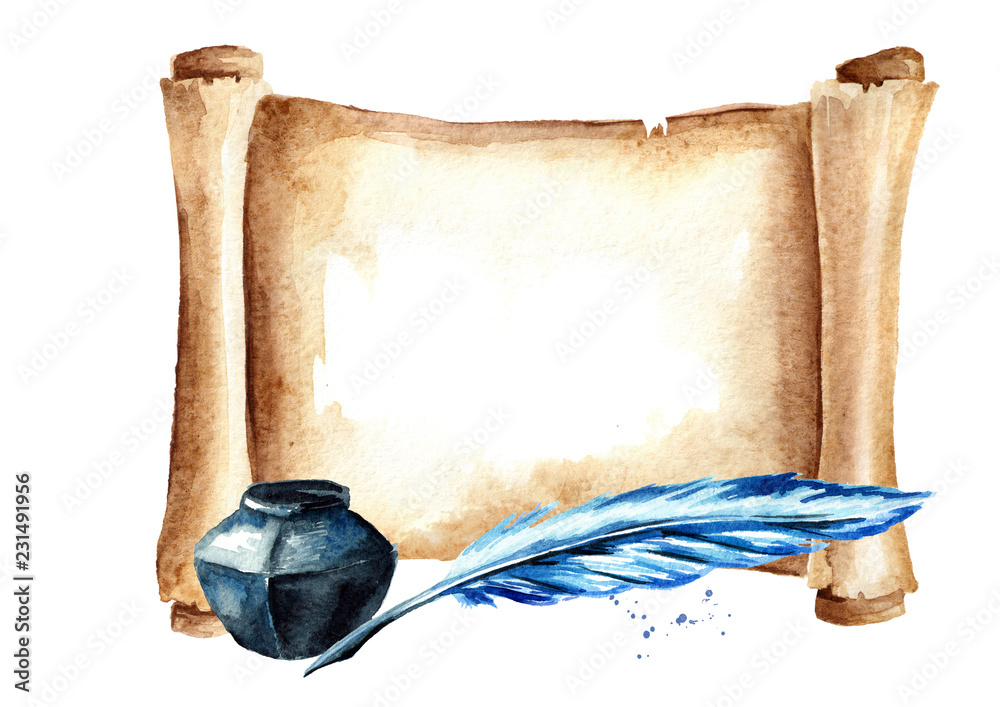 Old paper horizontal scroll with pen and inkwell. Watercolor hand drawn ...