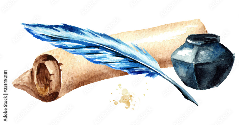 Old paper scroll with pen and inkwell. Watercolor hand drawn ...