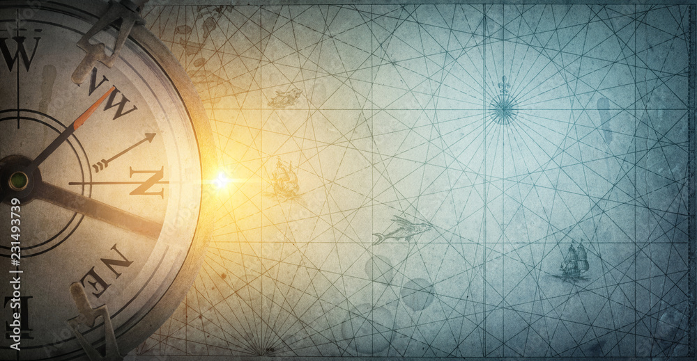 Old sea compass on abstract map background. Pirate and nautical theme ...