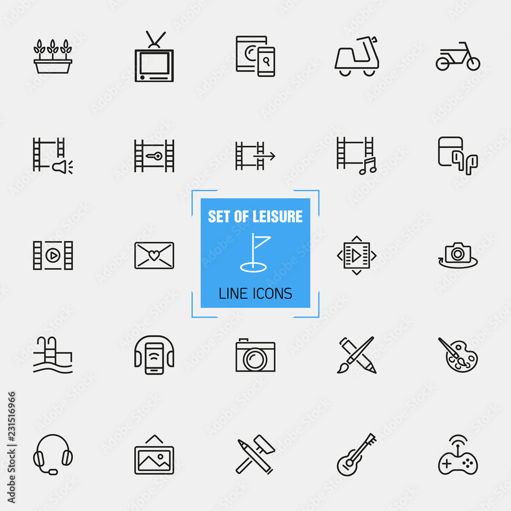 Leisure icons. Set of line icons. Swimming pool, camera, paints ...