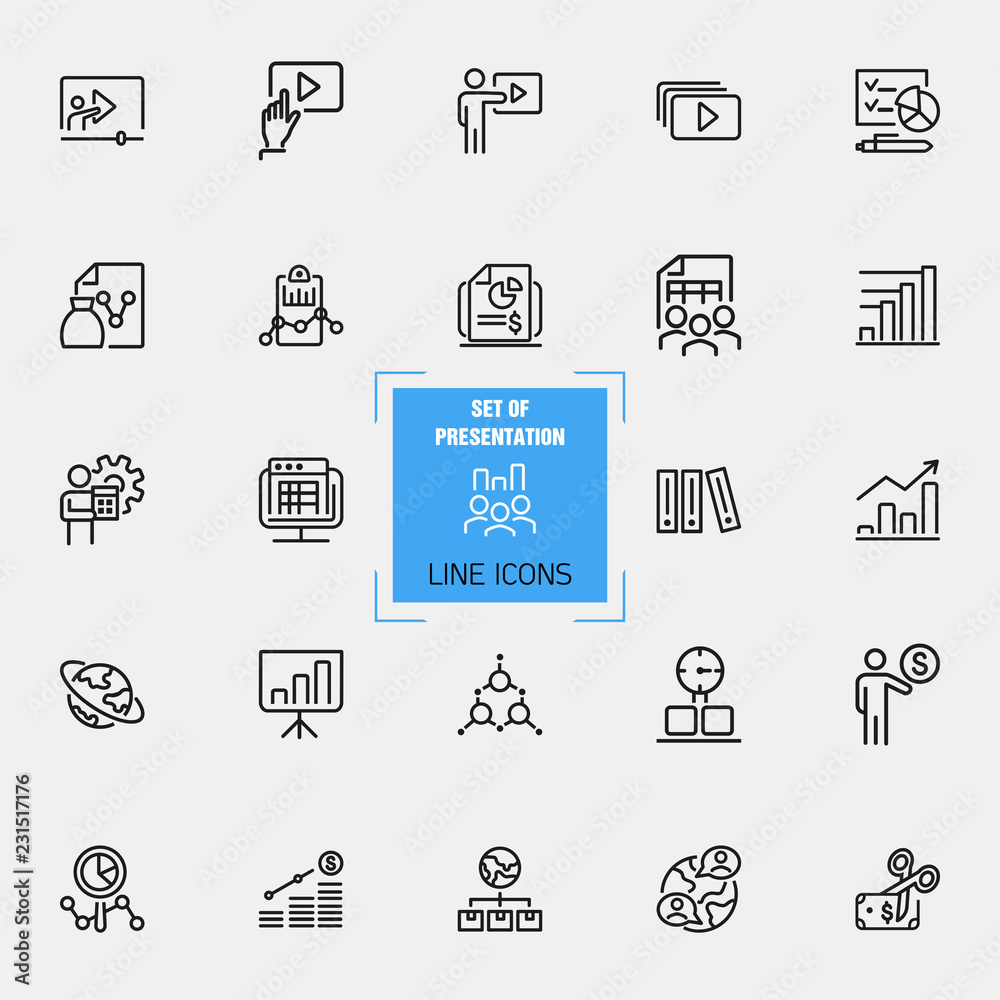 Presentation icons. Set of line icons. Report, research, diagram ...