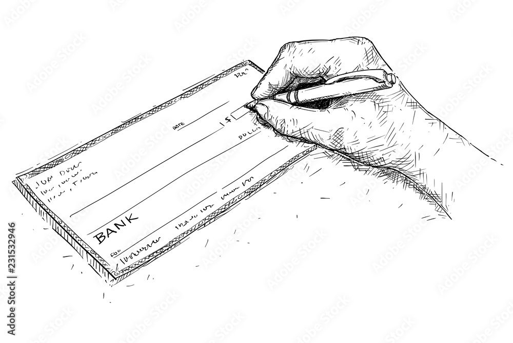 Vector artistic pen and ink drawing illustration of hand filling check ...