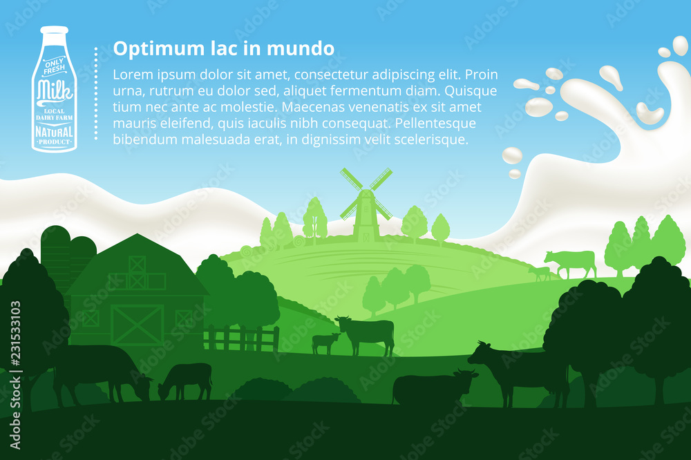 Vector milk illustration with cows, calves, farm and milk splash Stock ...