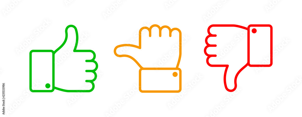 Thumbs up set. Green like red dislike and yellow undecided line icons ...