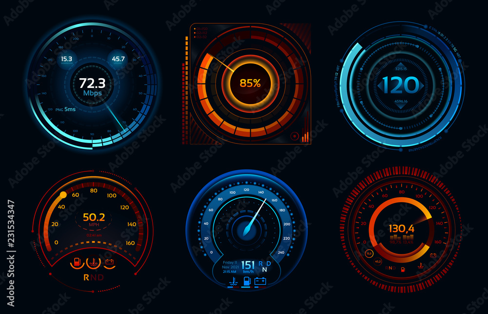 Speedometer indicators. Power meters, fast or slow internet connection ...