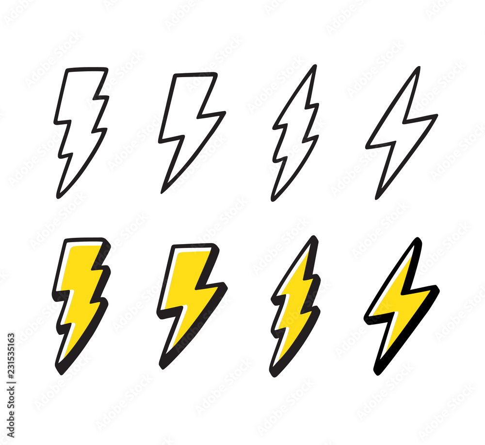 Cartoon lightning doodle set Stock Vector | Adobe Stock
