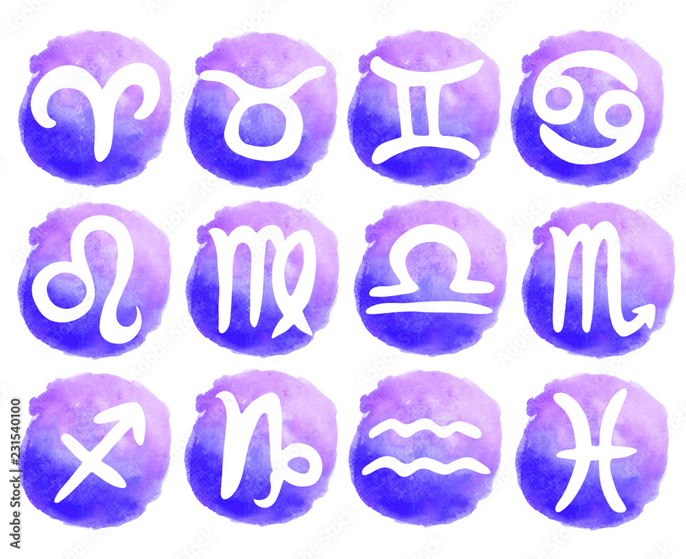 Purple zodiac signs on watercolor texture Stock Illustration | Adobe Stock